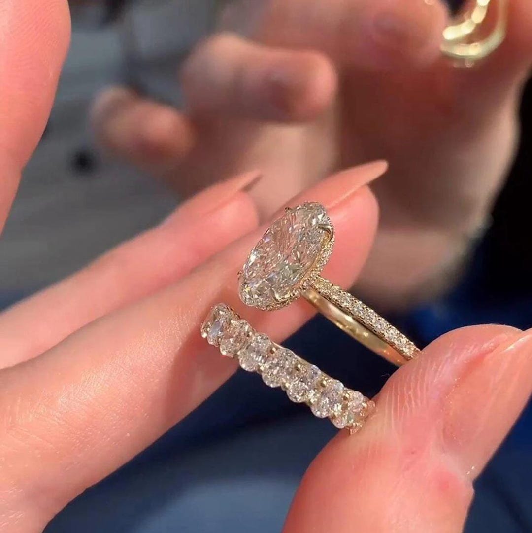 3 CT Oval Cut Moissanite Engagement Ring, 14K Solid Gold With Oval Half ...