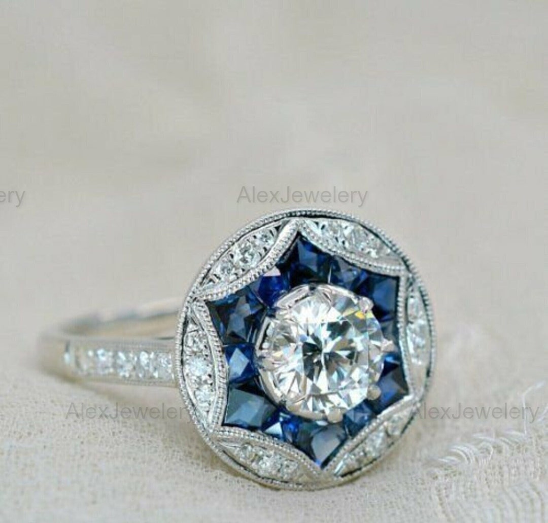 Art Deco Ring Promise Ring Round Cut Moissanite Engagement Ring Halo ...