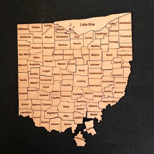 State of Ohio Laser Cut Wooden State Map, Ohio Jigsaw Puzzles, County ...