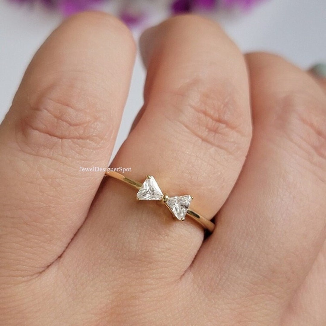 Two Stone Bow Ring, Trillion Cut Engagement Ring, Delicate Moissanite ...