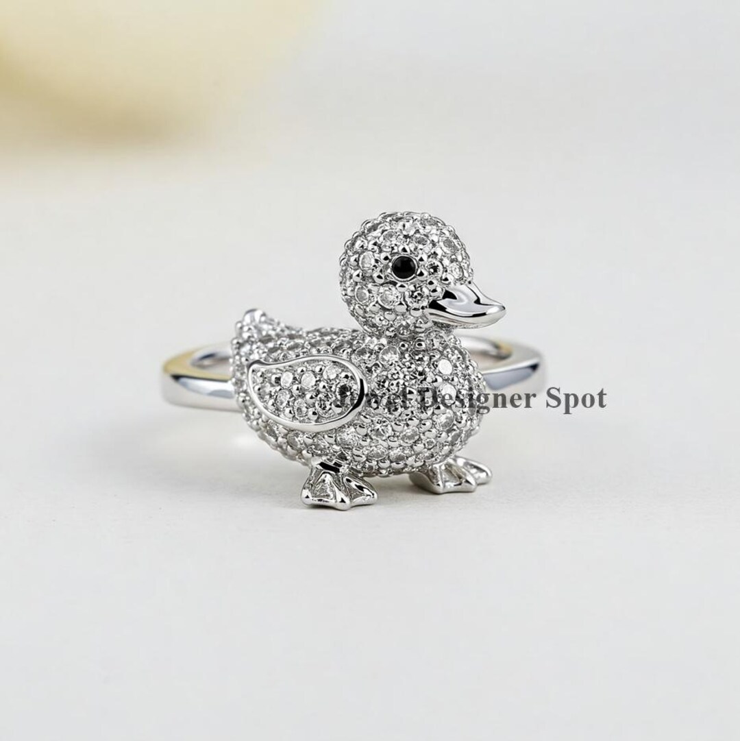 Dainty Duck Bird Inspired Ring, Round Cut Diamond Wedding Ring, Pave ...