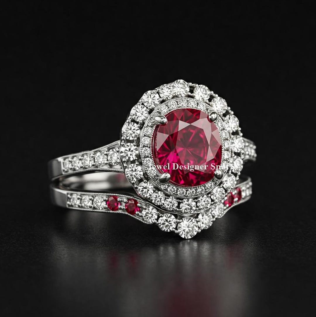 Five Stone Pink Ruby Silver Bridal Ring Set, Round Cut Diamond Double ...