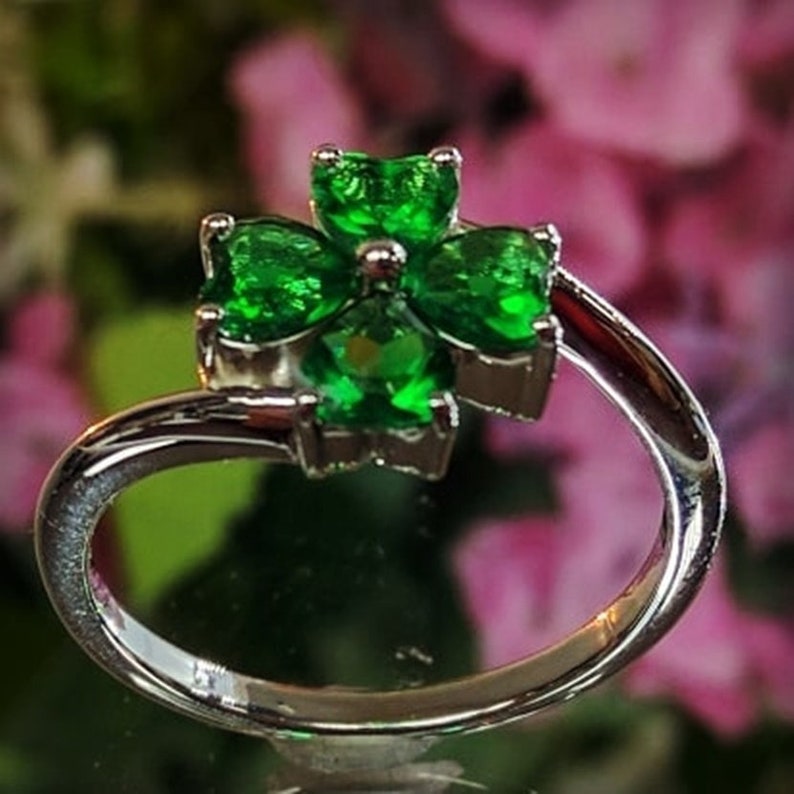Swirl Bypass Ring, Floral Style Wedding Ring, Four Leaf Clover Ring, Lucky Shamrock Green Heart ...