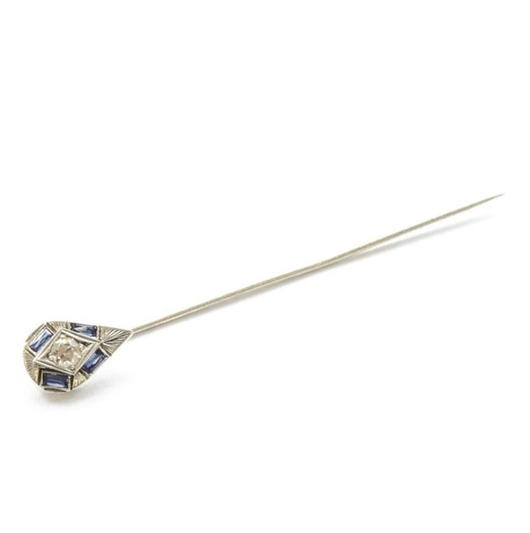 Blue Sapphire Vintage Style Hat Pin, Round & Baguette Cut Diamond Hat ...