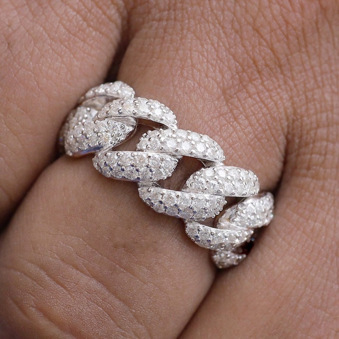 Cuban Linked Chain Wedding Ring, Round Cut Moissanite Engagement Ring ...