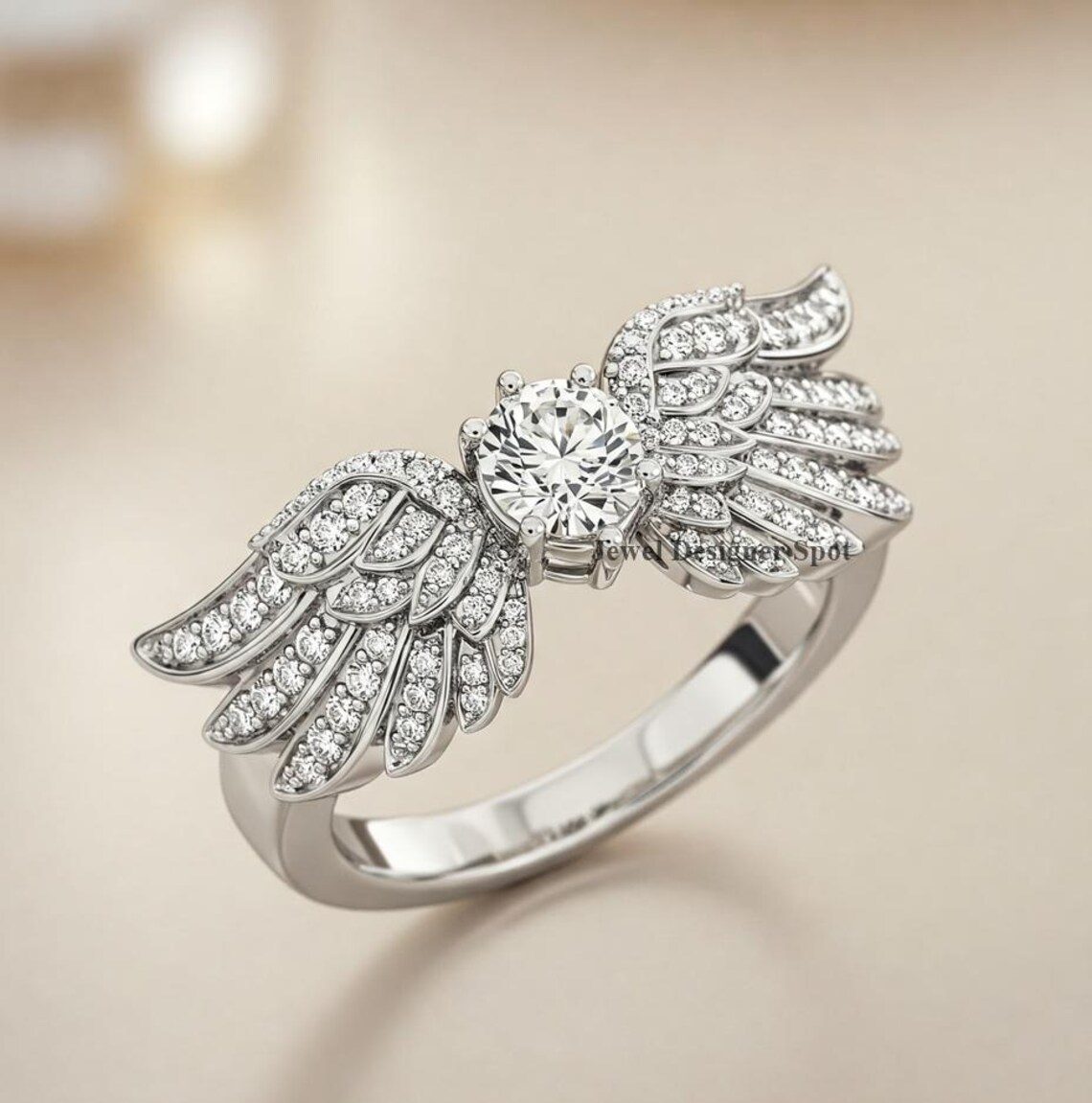 Angel Wing Ring, Round Cut Diamond Engagement Ring, Wings Diamond Ring ...