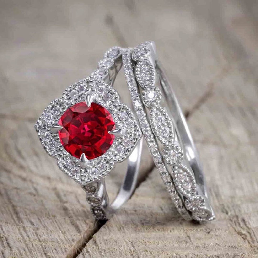 Vintage Style Red Ruby Ring, Trio Ring Set, Vintage Halo Ring, Infinity ...