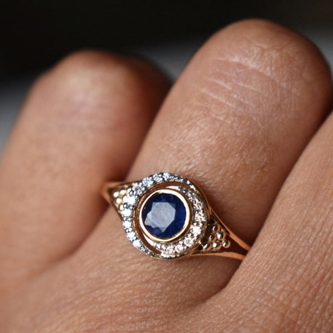Double Crescent Shaped Half Moon Ring, Blue Sapphire Half Halo Ring ...