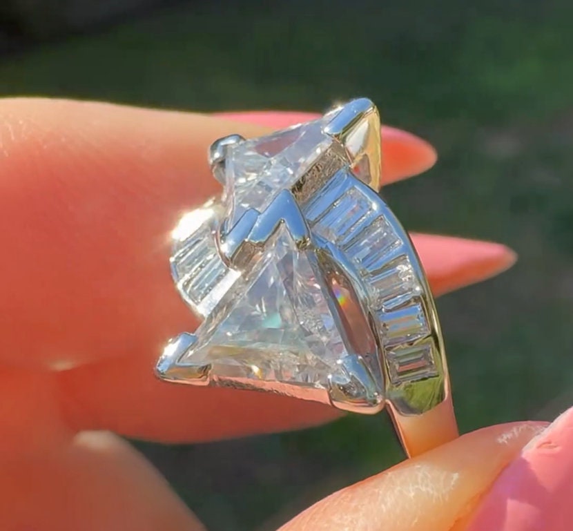 Bypass Ring, Two Stone Trilliant Cut & Baguette Cut Diamond Engagement ...