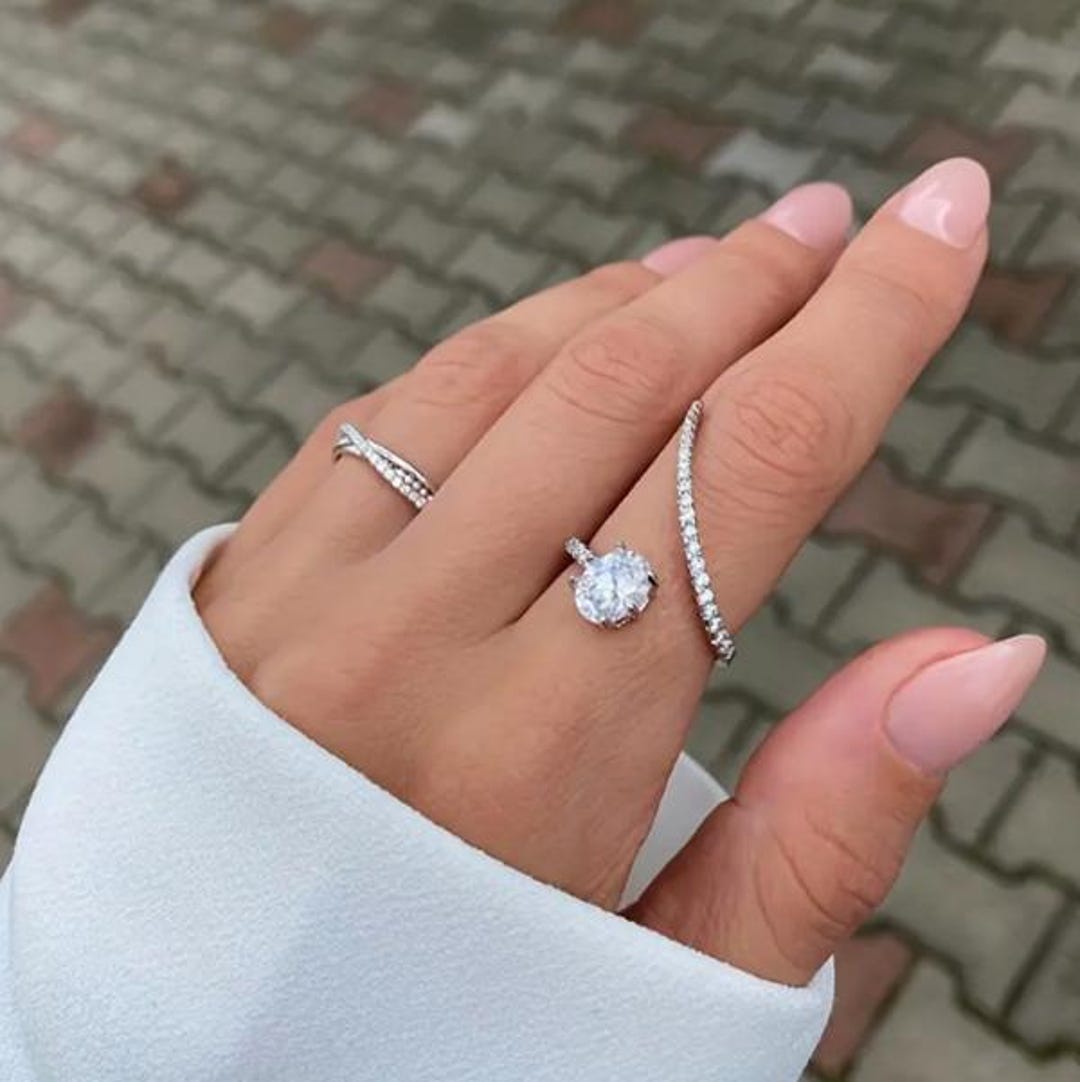 Open Cuff Ring, Adjustable Wedding Ring, Oval & Round Cut Diamond ...