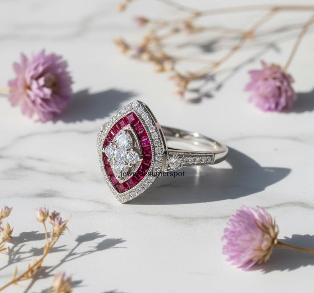 Circa 1920 Edwardian Art Deco Ring, Marquise Shaped Ring, Pink Ruby ...