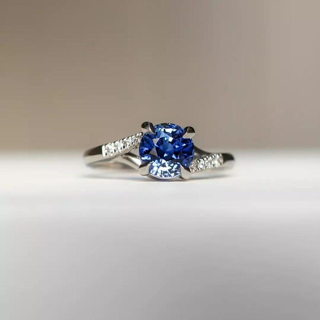 Swirl Bypass Ring, Split Shank Wedding Ring, Blue Sapphire Round Cut ...