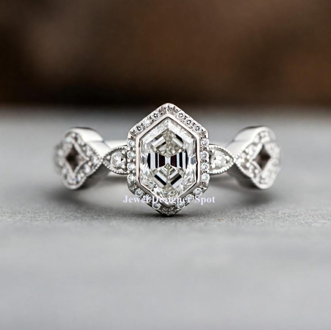 Art Deco Three Stone Band, Eternity & Halo Wedding Band, Hexagon Shape ...