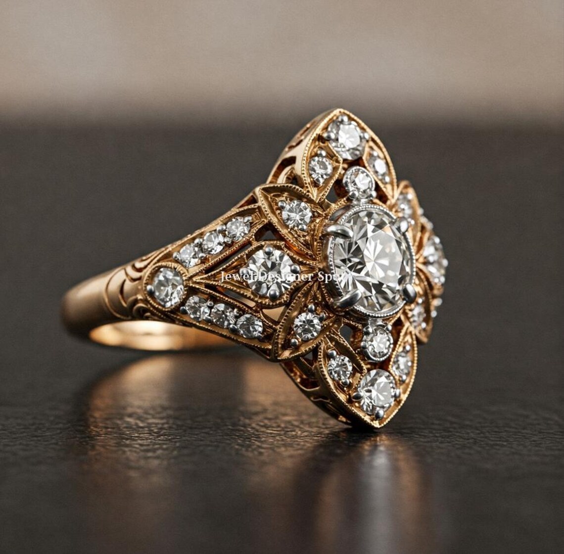 Vintage Art Deco Ring, Round Cut Diamond Engagement Ring, Floral Halo ...