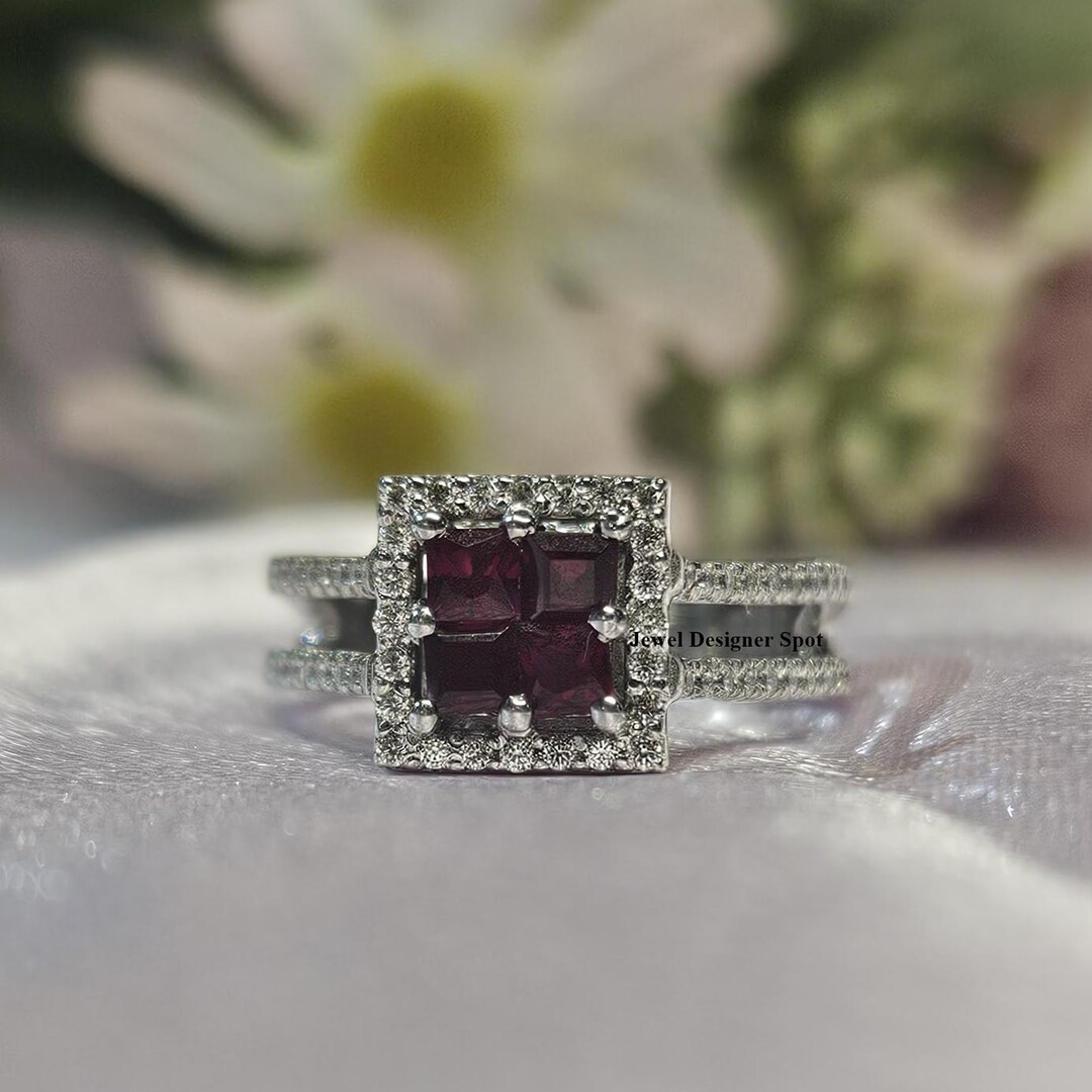Pink Ruby Ring, Princess & Round Cut Diamond Engagement Ring, Mosaic ...