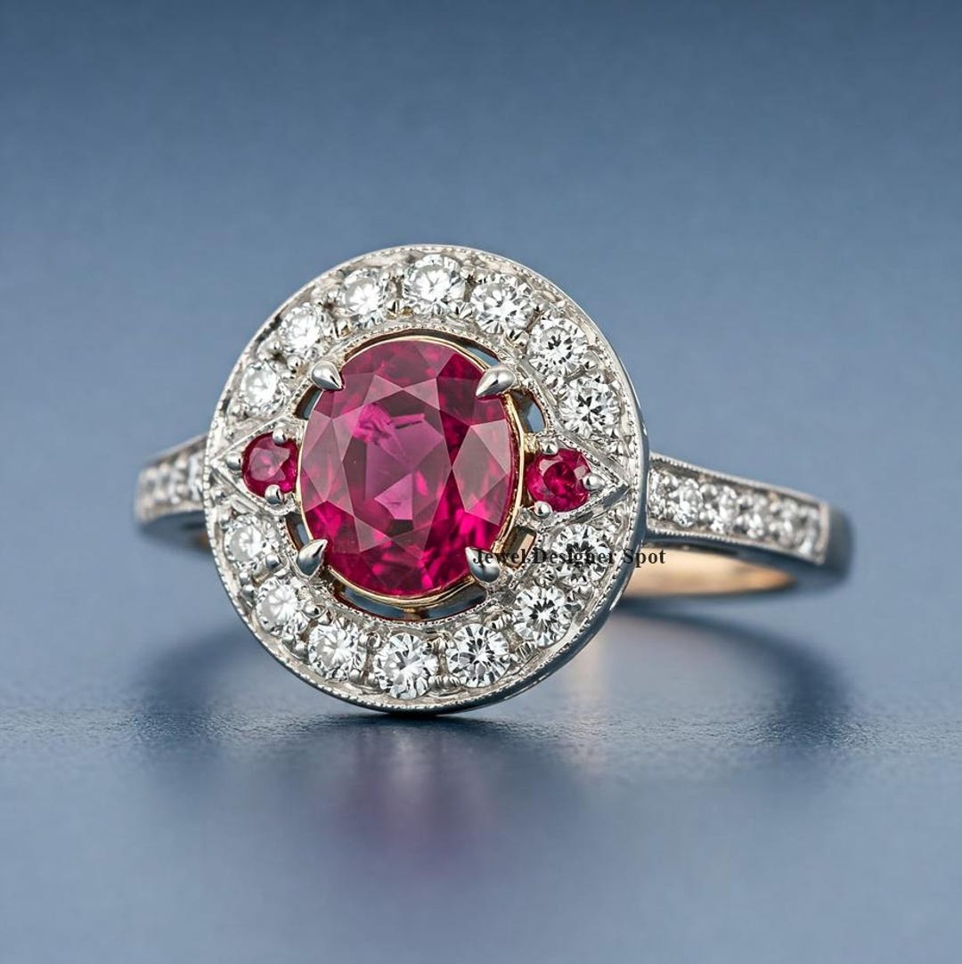 Art Deco Silver Ring, Three Stone Pink Ruby Round Diamond Engagement ...