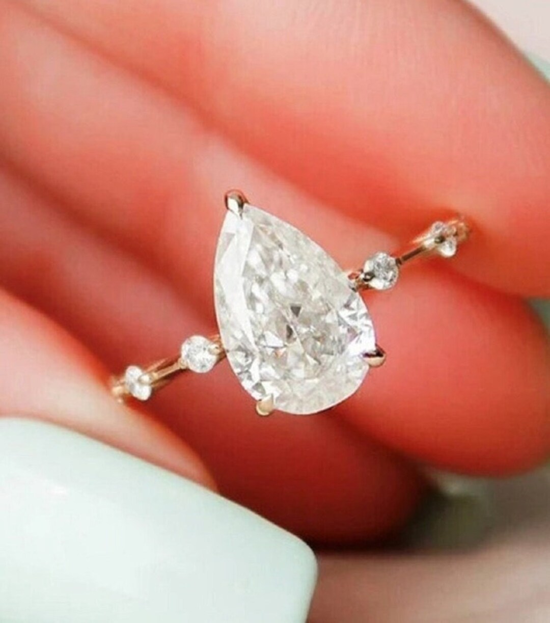Thin Distance Teardrop Engagement Ring, Hidden Halo Ring, Solitaire ...