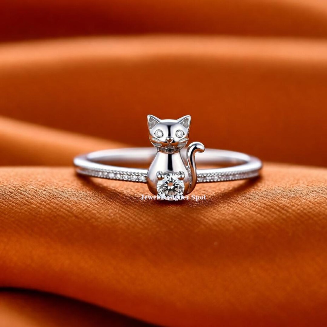 Kitty Cat Ring, Vintage Style Animal Inspired Three Stone Round Cut ...