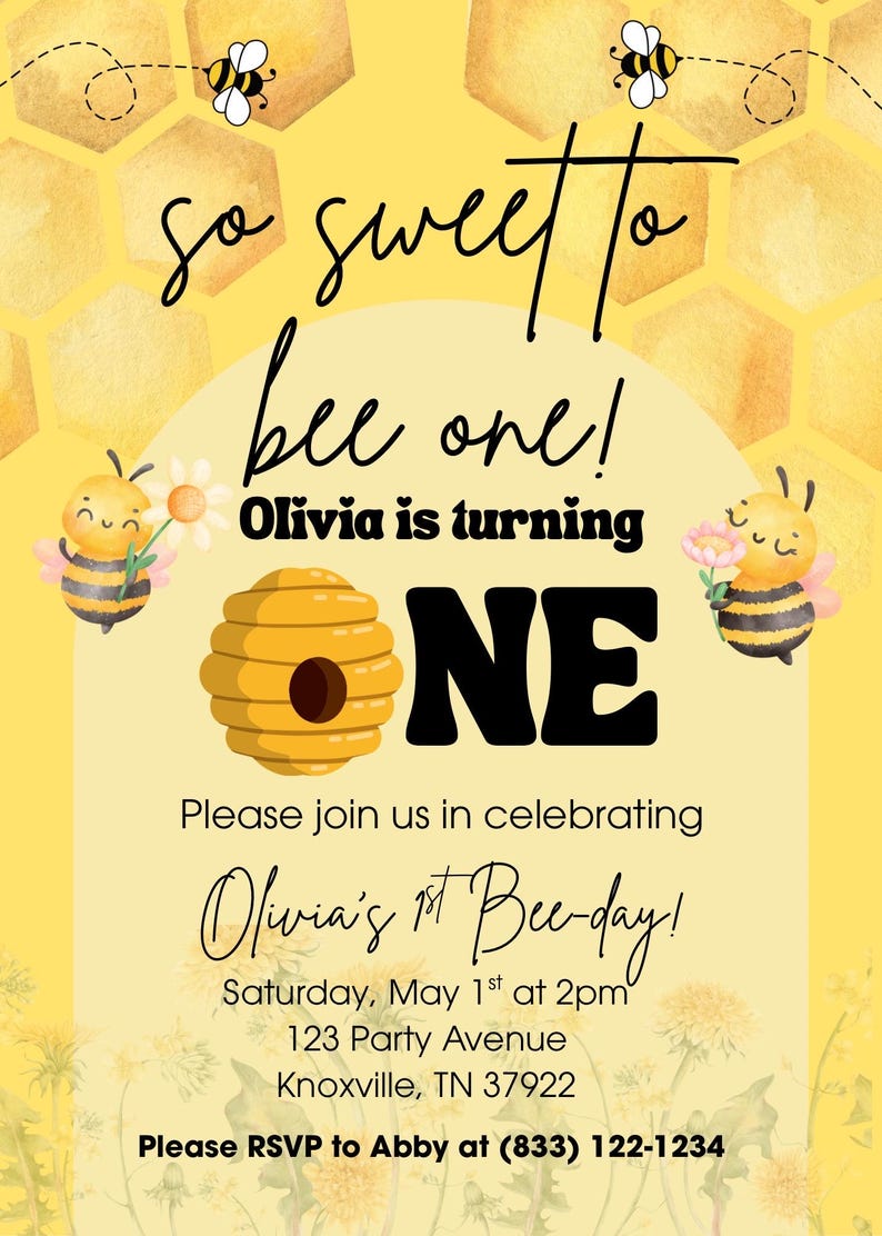 Editable Bee Birthday Invitation | Girl 1st Birthday, Canva Template (digital Download) - Etsy