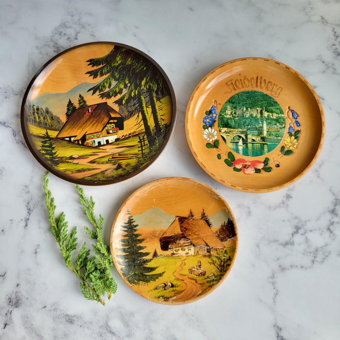 Vintage German Hand Painted Wood Plates, Hand Carved Souvenir, Unique ...