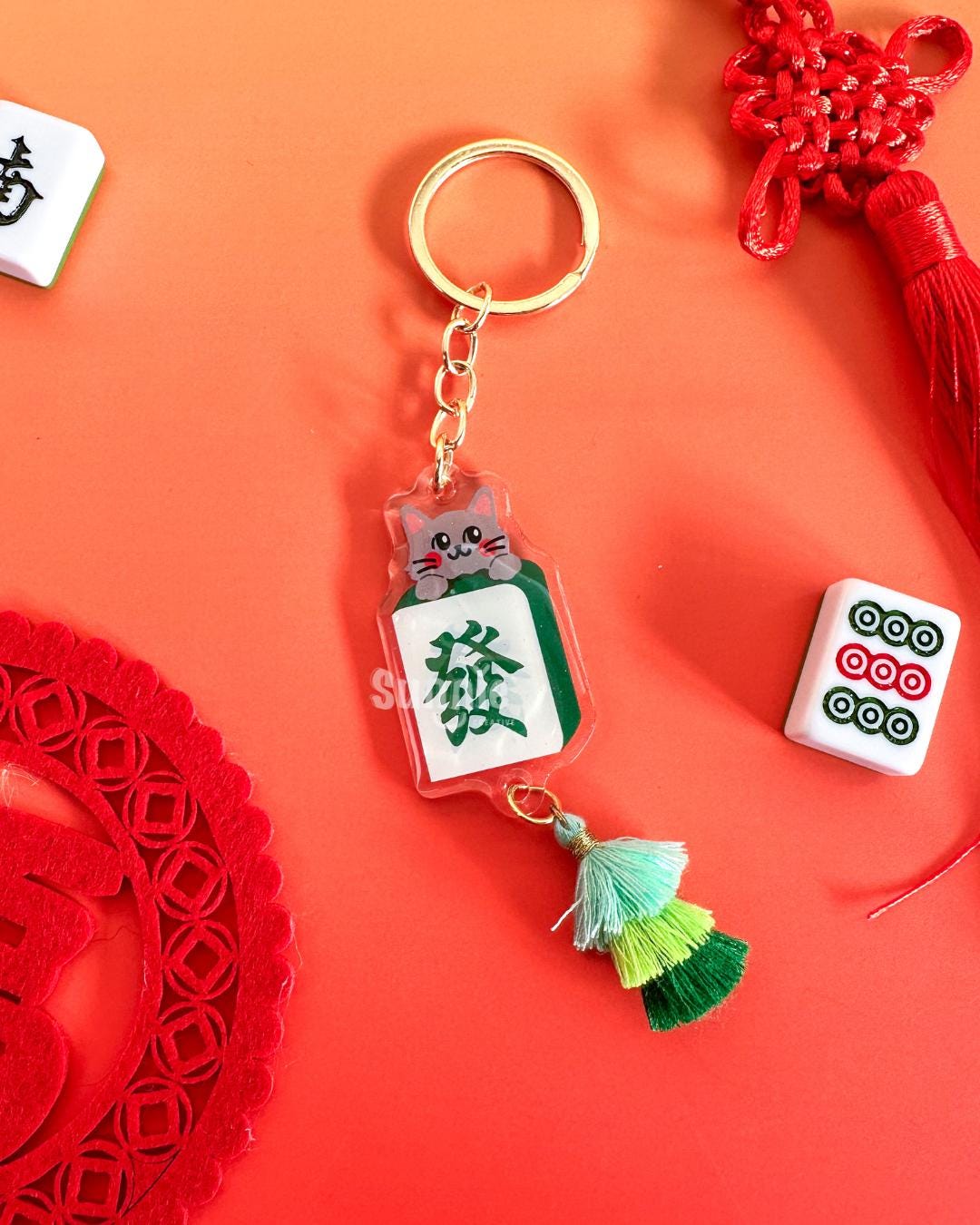 Mahjong Cat Acrylic Keychain//cartoon Art Style Double-sided Epoxy ...