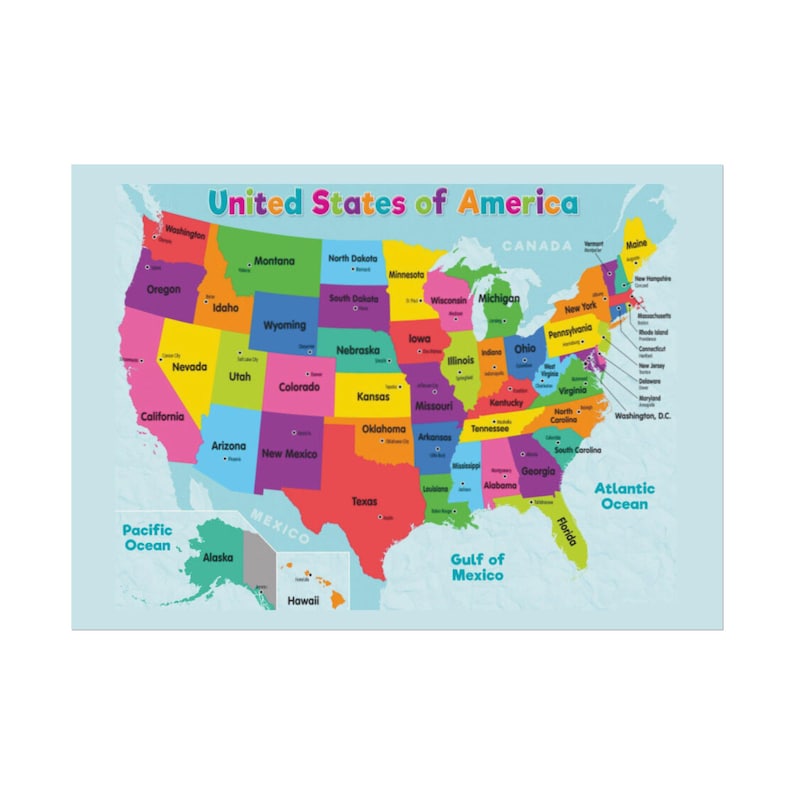 United States Map Poster Featuring Detailed State Borders, Cities, and ...