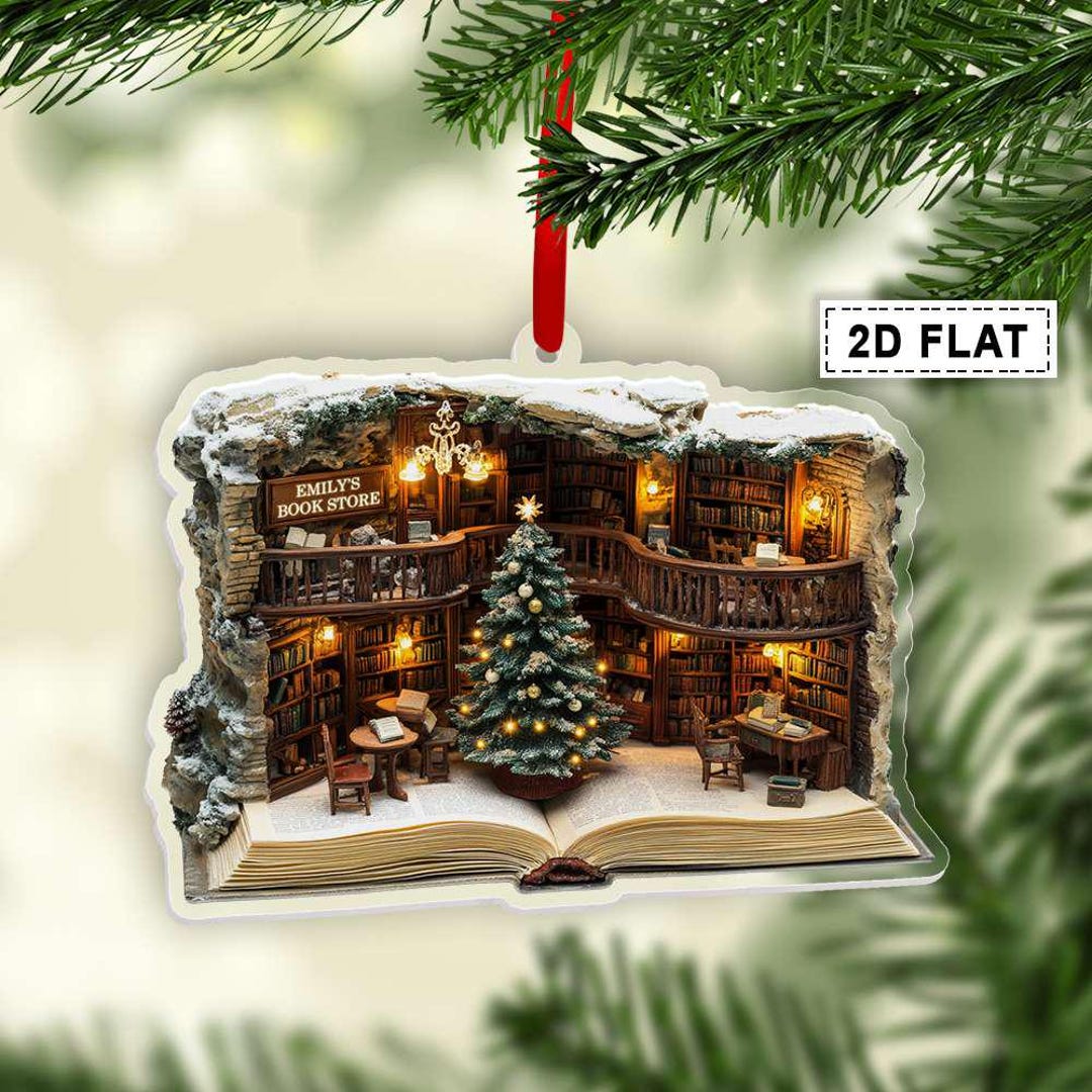 Custom Book Nook Christmas Acrylic Ornament - 2D Flat Library Bookstore ...