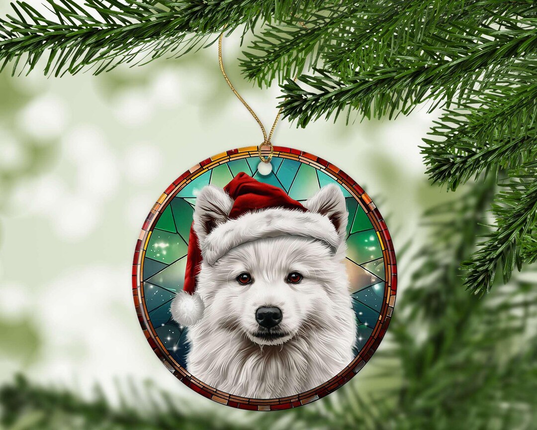 American Eskimo Ceramic Christmas Ornament With Santa Hat - Holiday ...