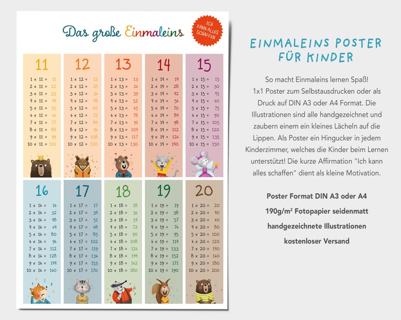 The Multiplication Table Poster for Printing | Number Series 11-20 ...