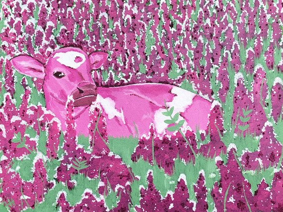 Pink Cow in a Field of Pink Flowers print | Etsy