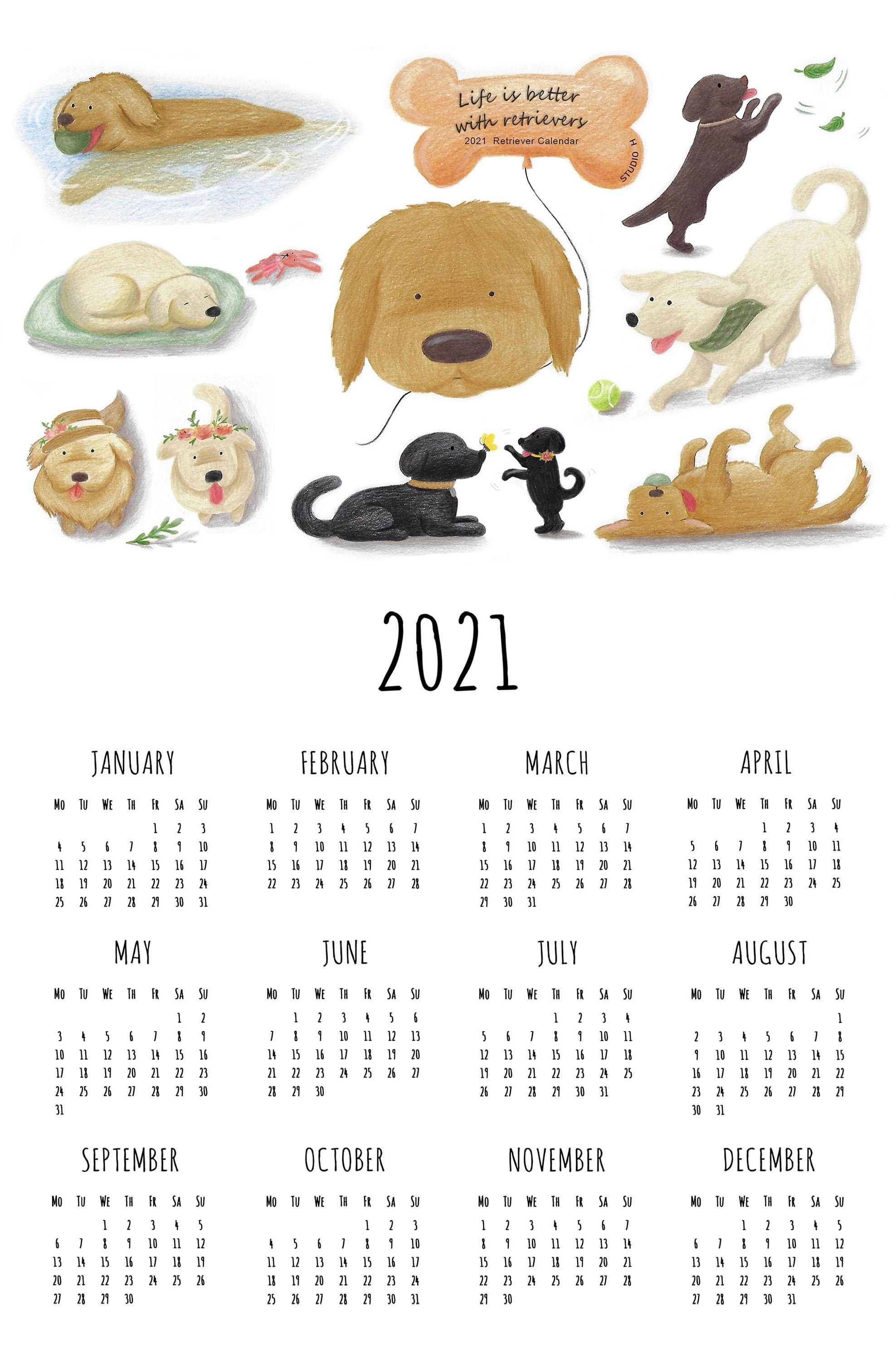 2021 Retriever Calendar 2021 Dog Calendar 2021 Colored - Etsy