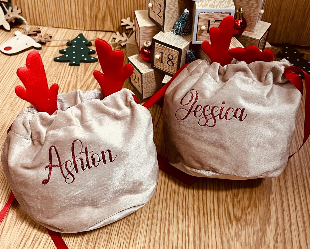 Personalised Christmas Reindeer Velvet Red Antler Gift Bag Christmas ...