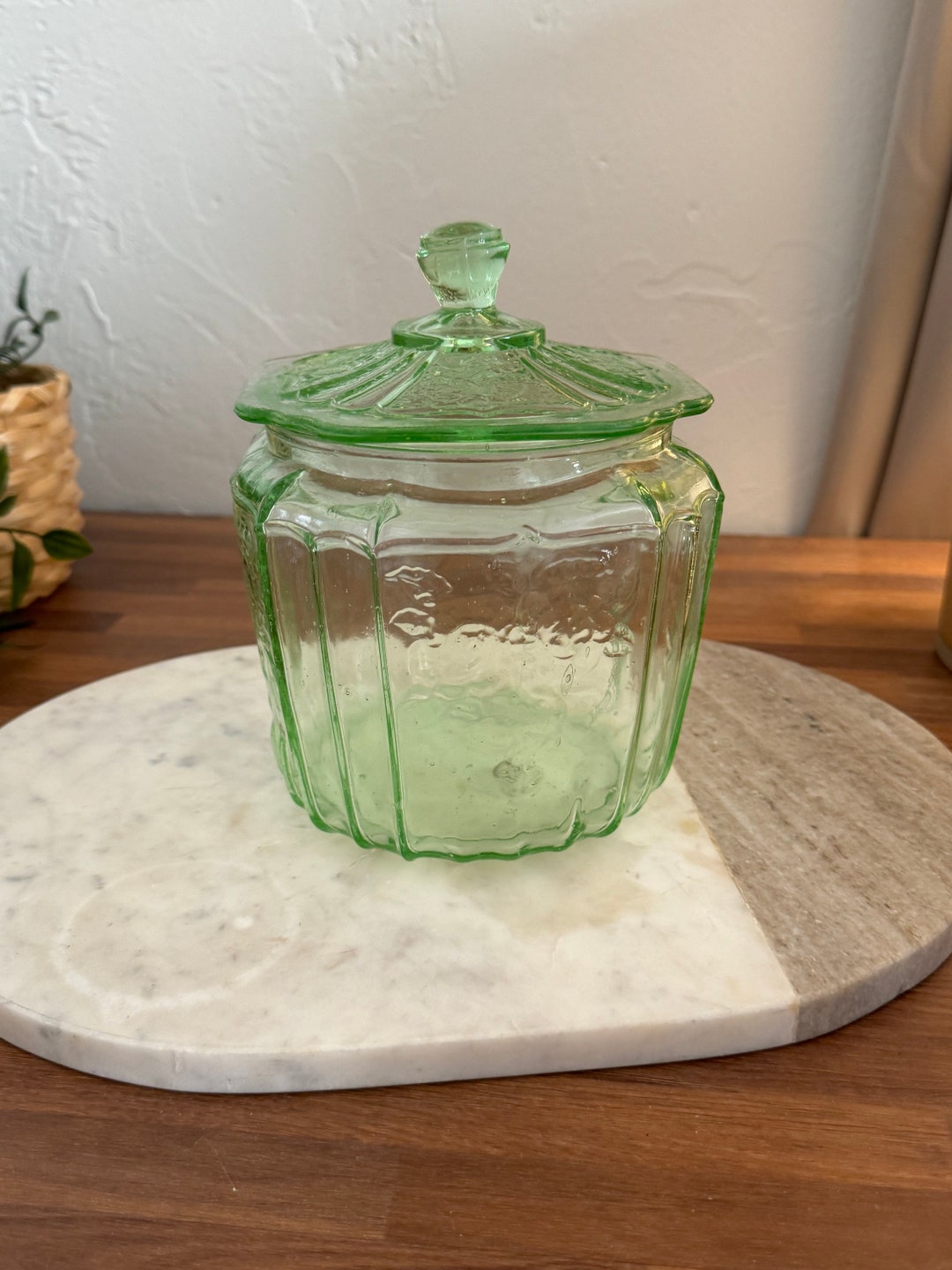 Vintage Green Depression Cookie Jar Anchor Hocking Glass Co. Mayfair ...