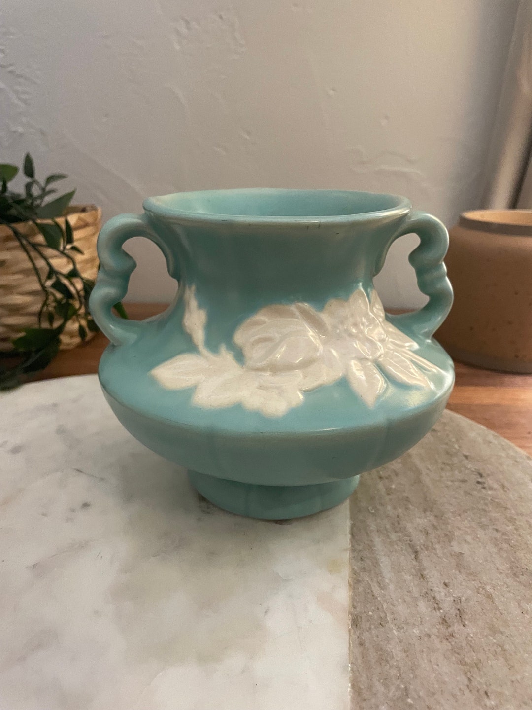Vintage Weller Pottery Cameo Double Handle Vase Planter 1940s Turquoise ...