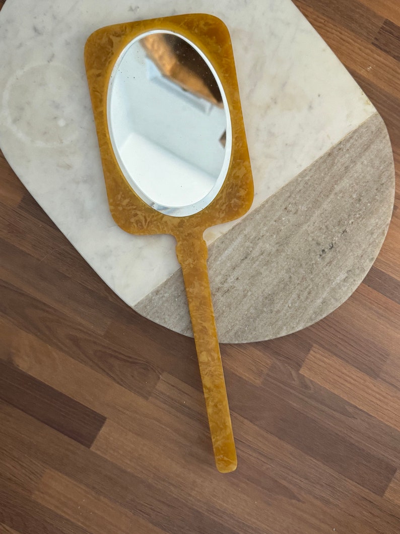 Marbled Hand Mirror Amber Celluloid Vintage Dupont Handled Vanity ...