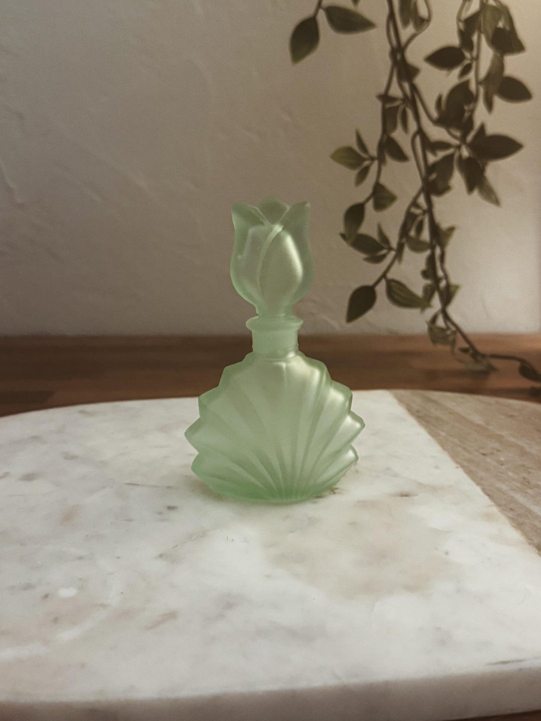 Vintage Green Satin Glass Perfume Bottle Art Deco Seashell Shape With ...