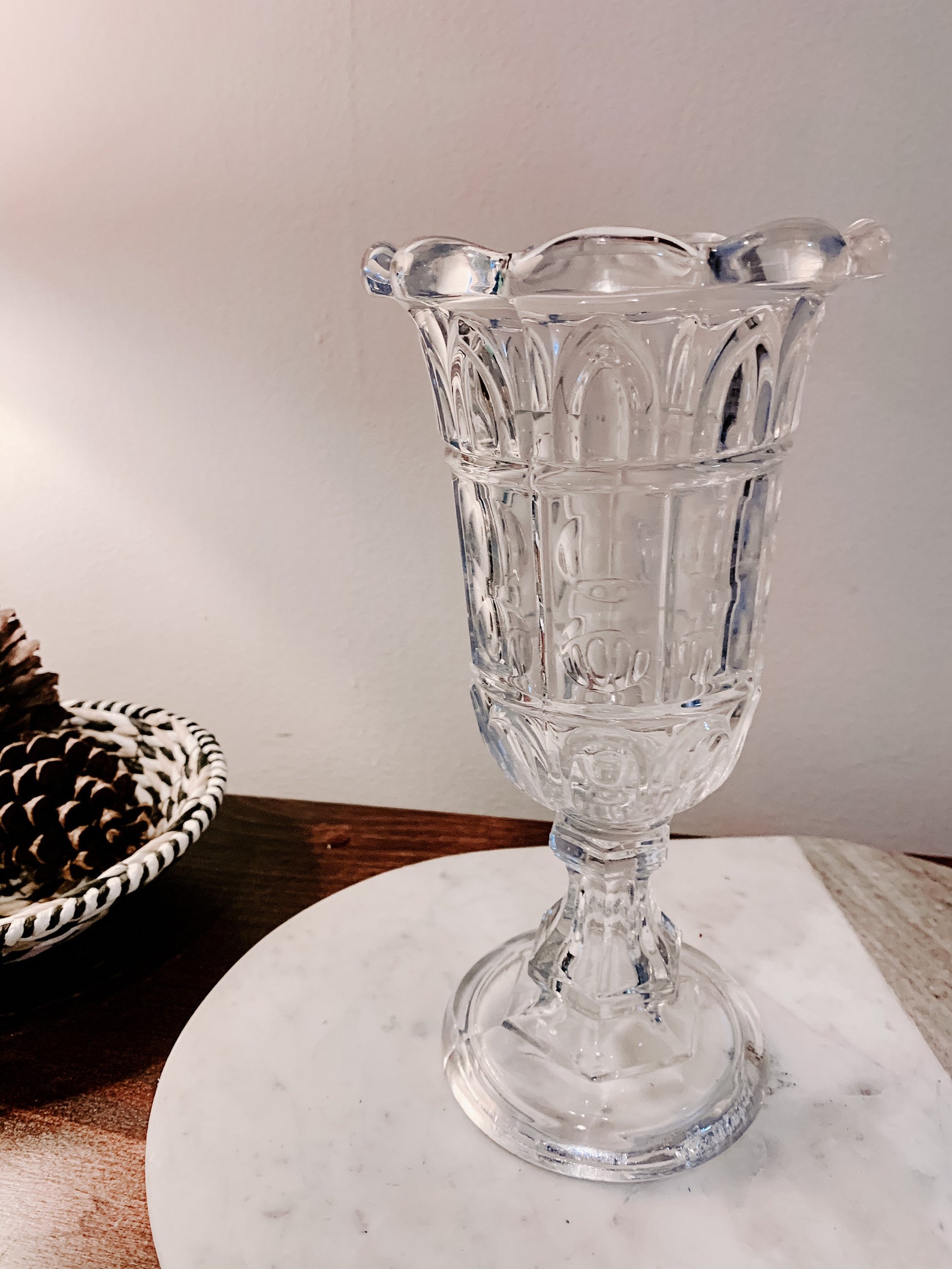 Vintage Pressed Glass Tall Pedestal Vase Scalloped Edge Etsy