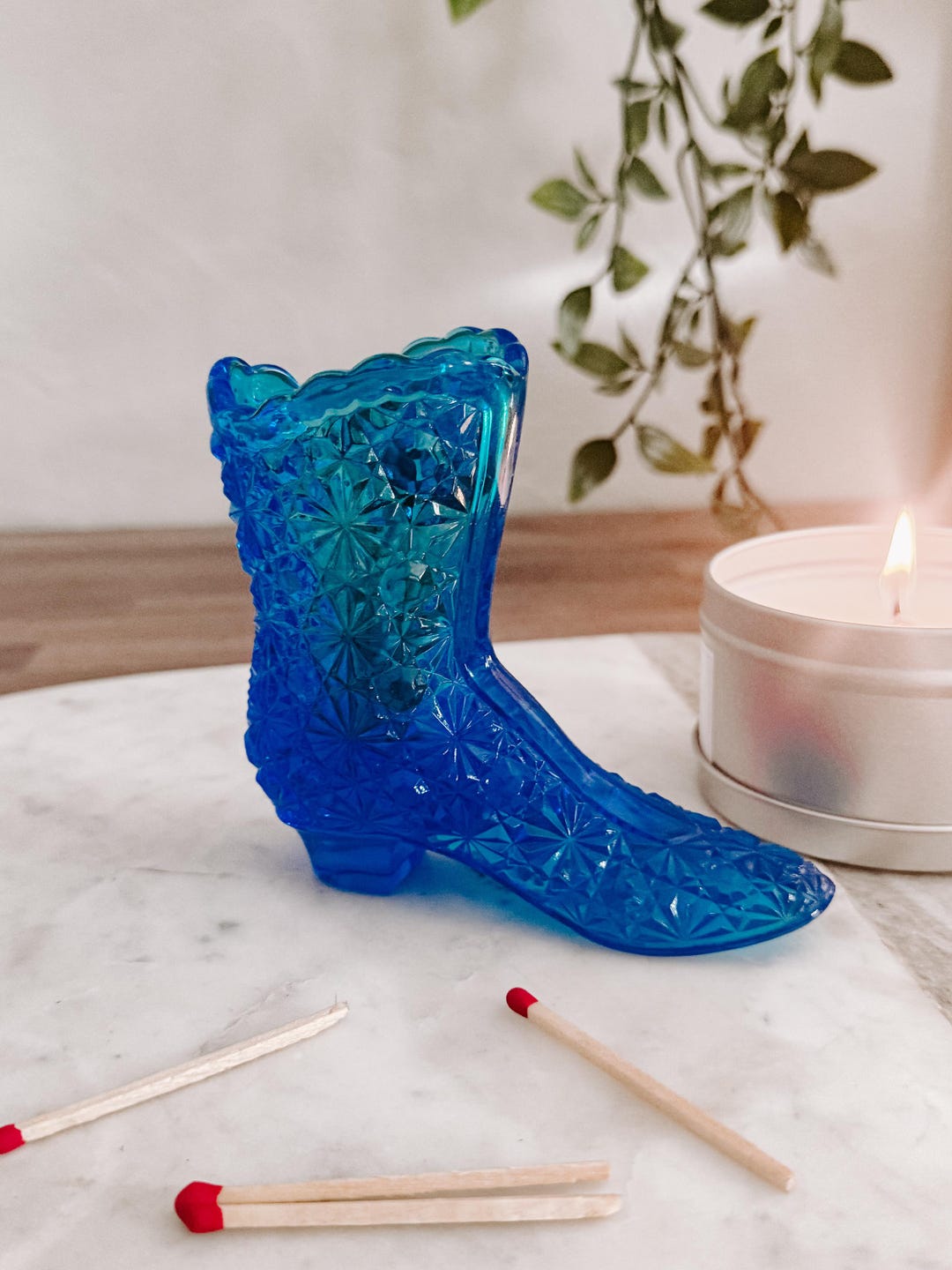 Vintage Cowboy Boot Match Holder Cobalt Fenton Glass Daisy and Button ...