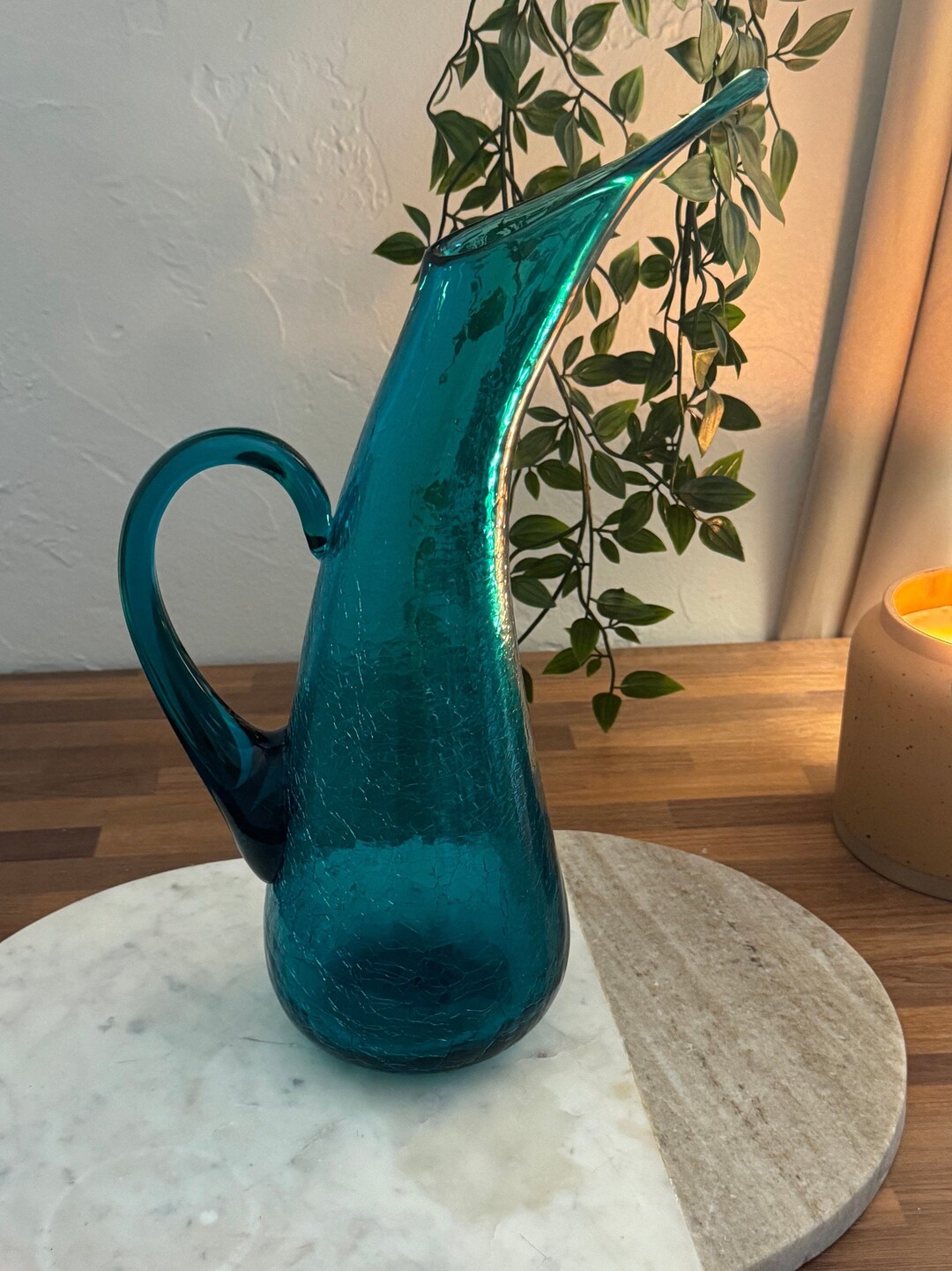 Vintage MCM Rainbow Glass Tavern Pitcher Blue Crackle #9802 Large 12 ...
