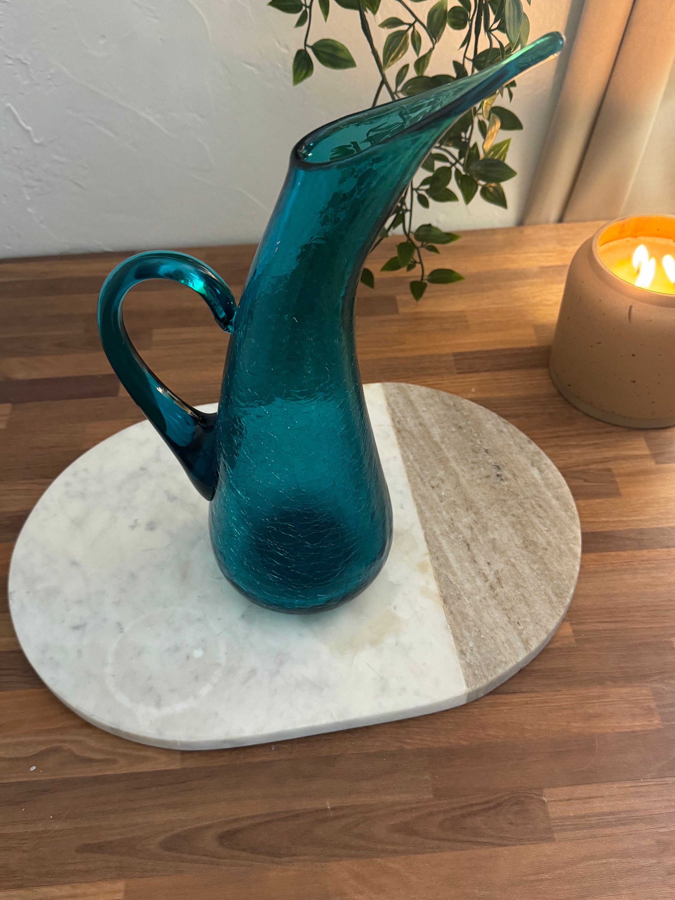 Vintage MCM Rainbow Glass Tavern Pitcher Blue Crackle 9802 Large 12 ...