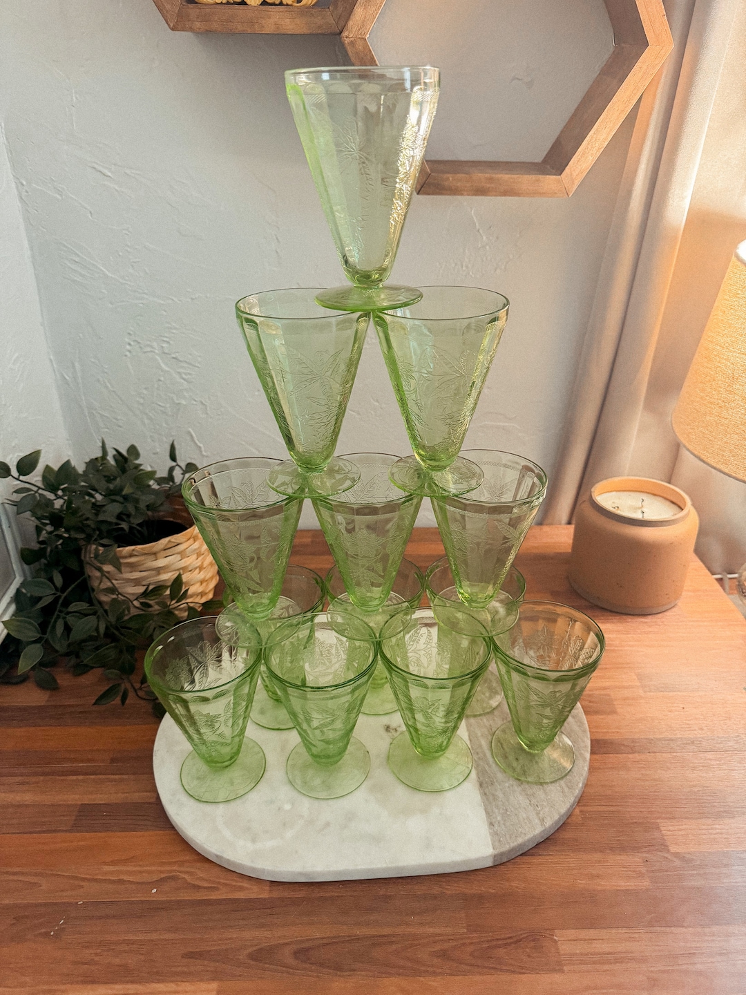 Vintage Uranium Glass Set of Tumblers Floral Etched Poinsettia Green ...