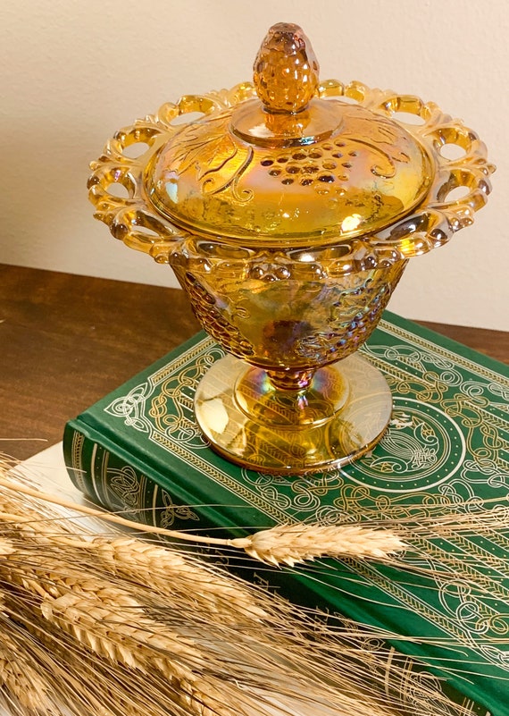 Vintage Carnival Glass Indiana Glass Co. Harvest Amber Gold Lace Edge Candy Dish Jelly Dish With Lid Etsy