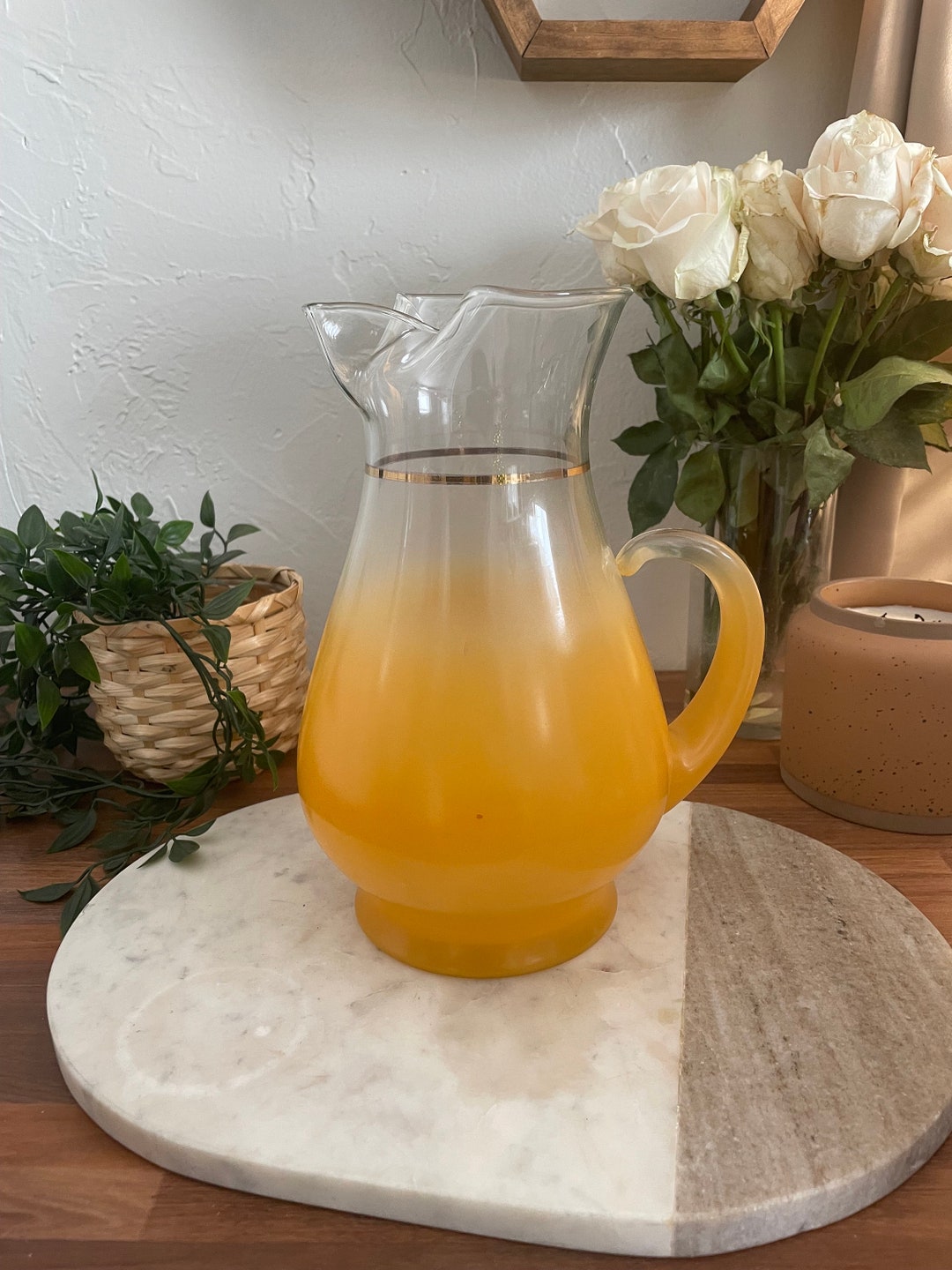 Vintage Blendo 32 Oz Pitcher Orange Ombre Frosted Glass W/ Gold Accent ...