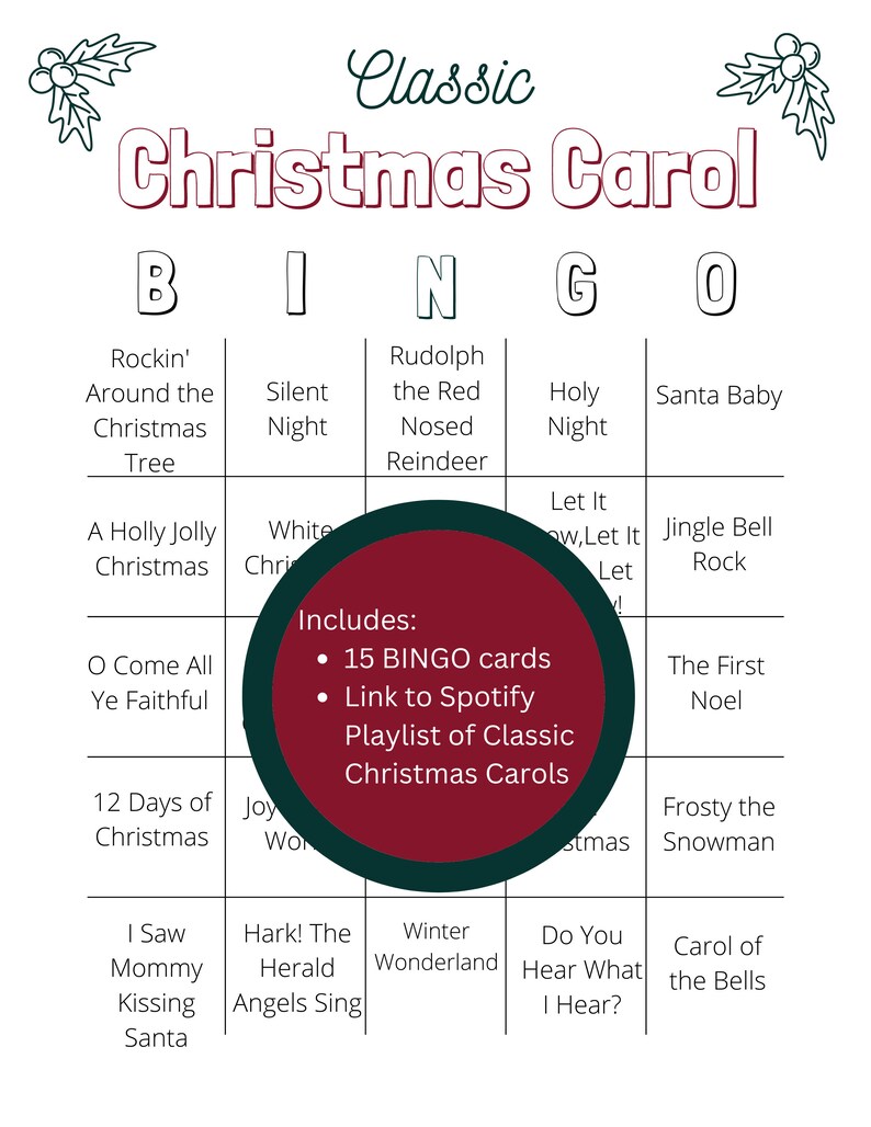 15 Printable Classic Christmas Carol Bingo Cards W/ Spotify Playlist - Etsy