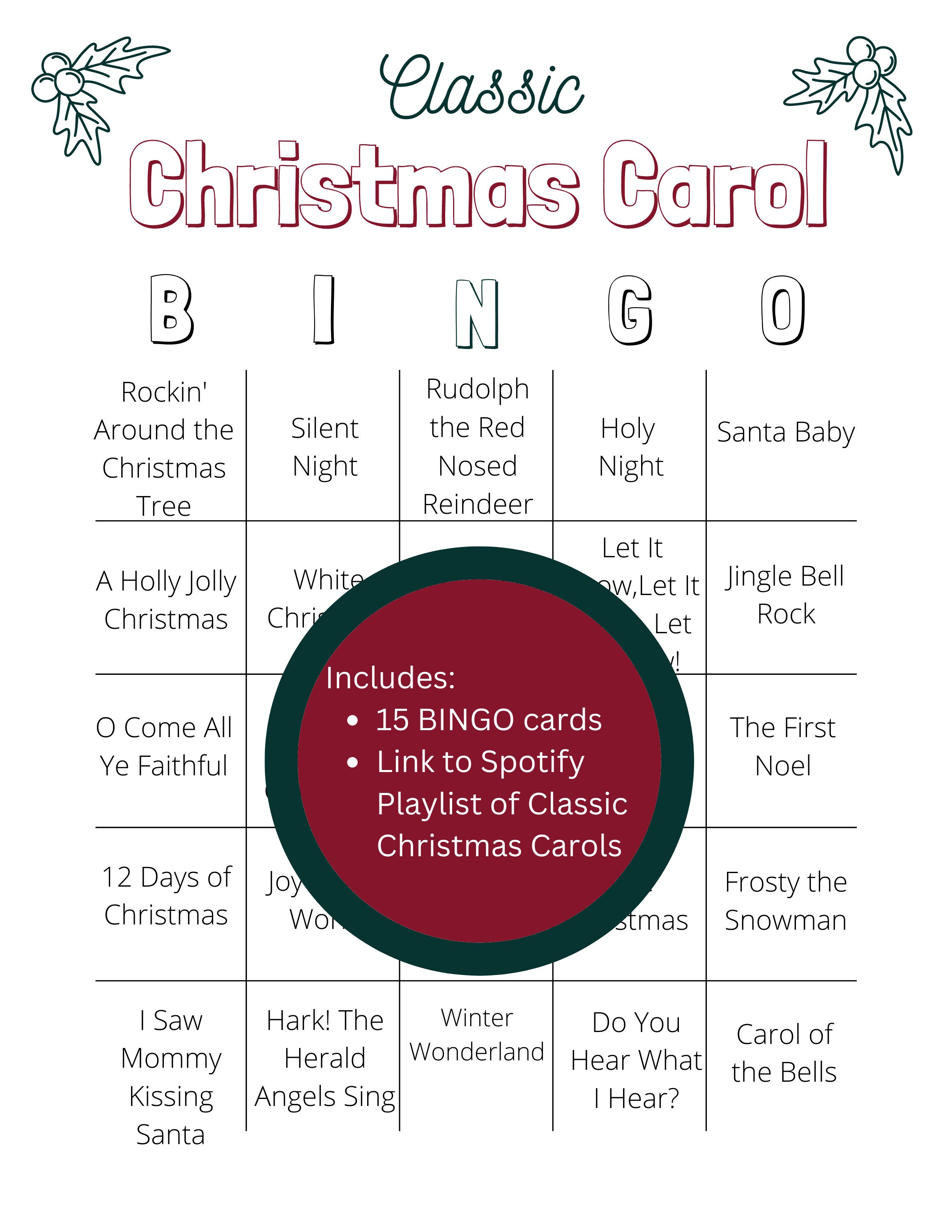 15 Printable Classic Christmas Carol Bingo Cards W/ Spotify Playlist - Etsy