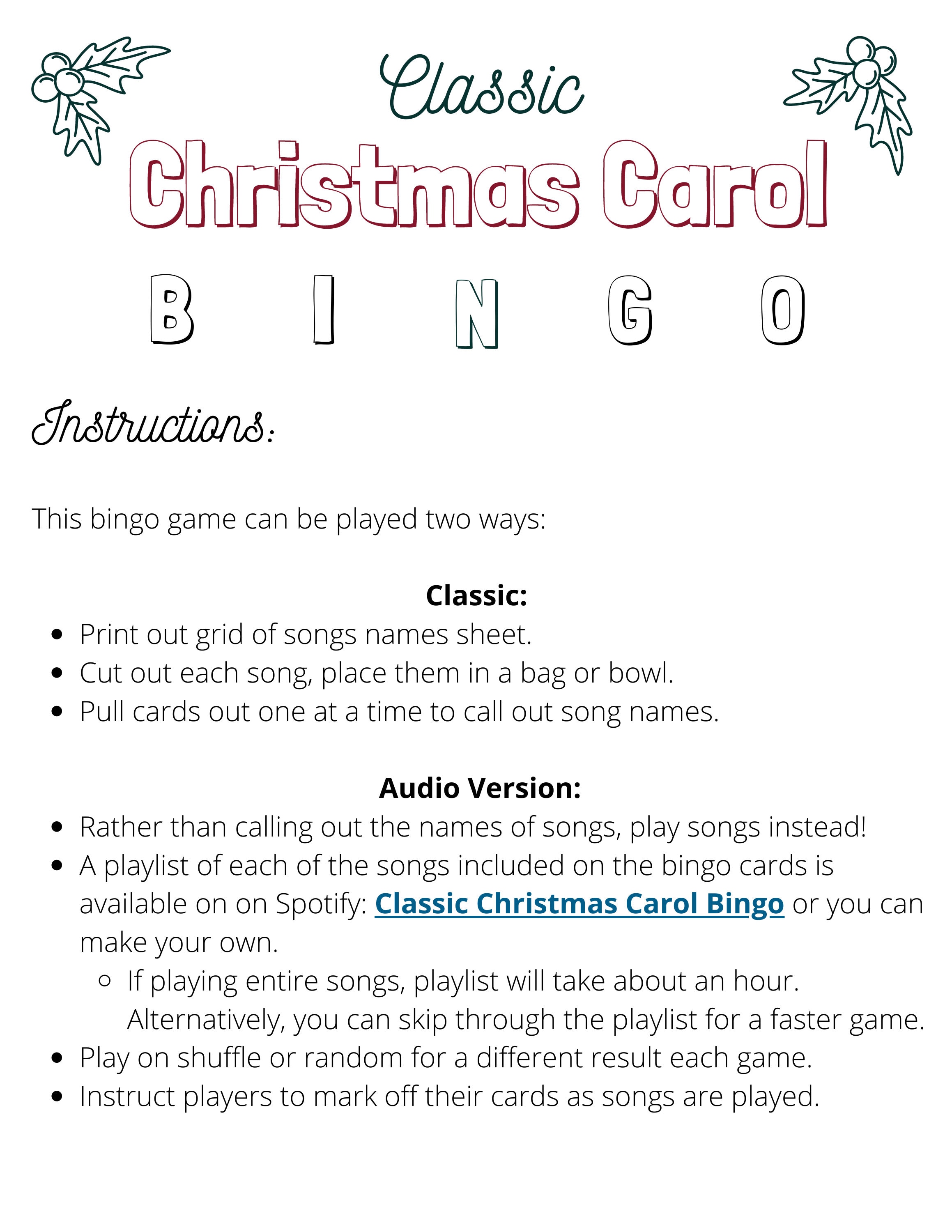 15 Printable Classic Christmas Carol Bingo Cards W/ Spotify Playlist - Etsy