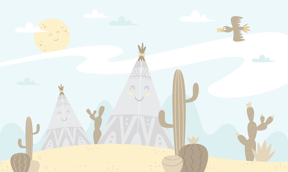 Native American Smiling Teepee Wallpaper Cactus Wallpaper - Etsy UK