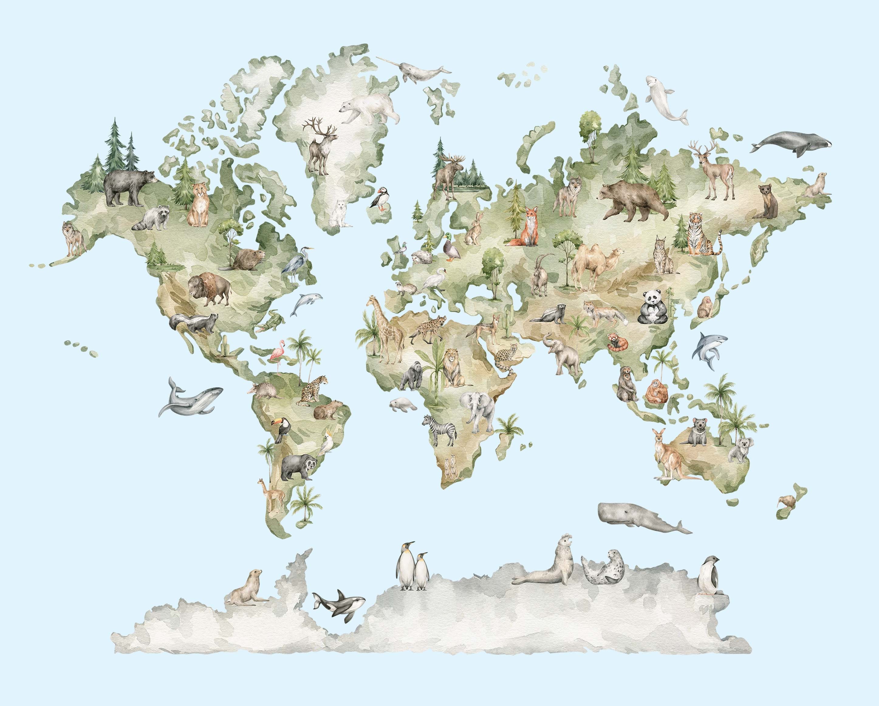 Animal Map Wallpaper Watercolour Map Pre Paste Wallpaper - Etsy