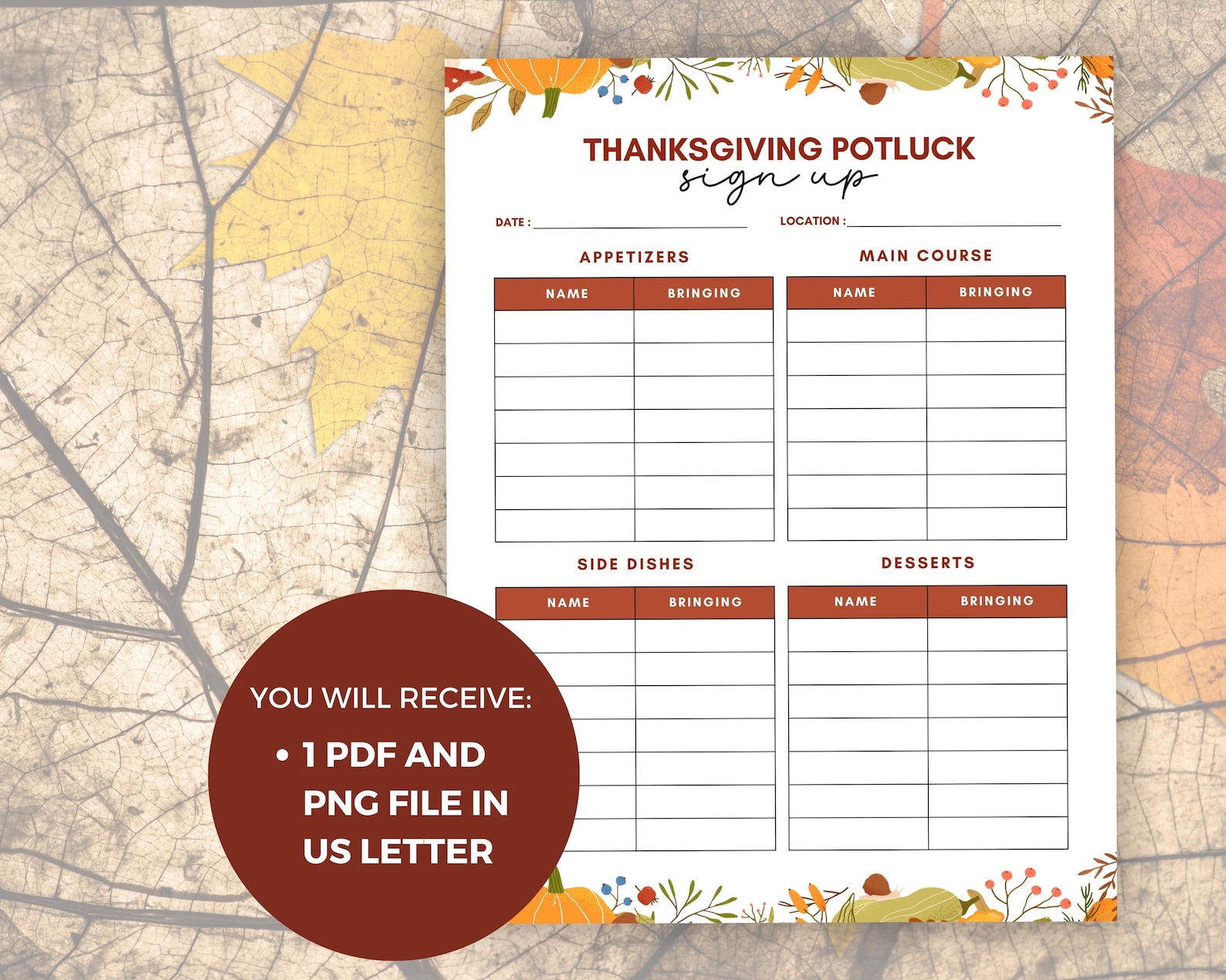 Thanksgiving Potluck Sign up Sheet, Friendsgiving Menu Planner ...