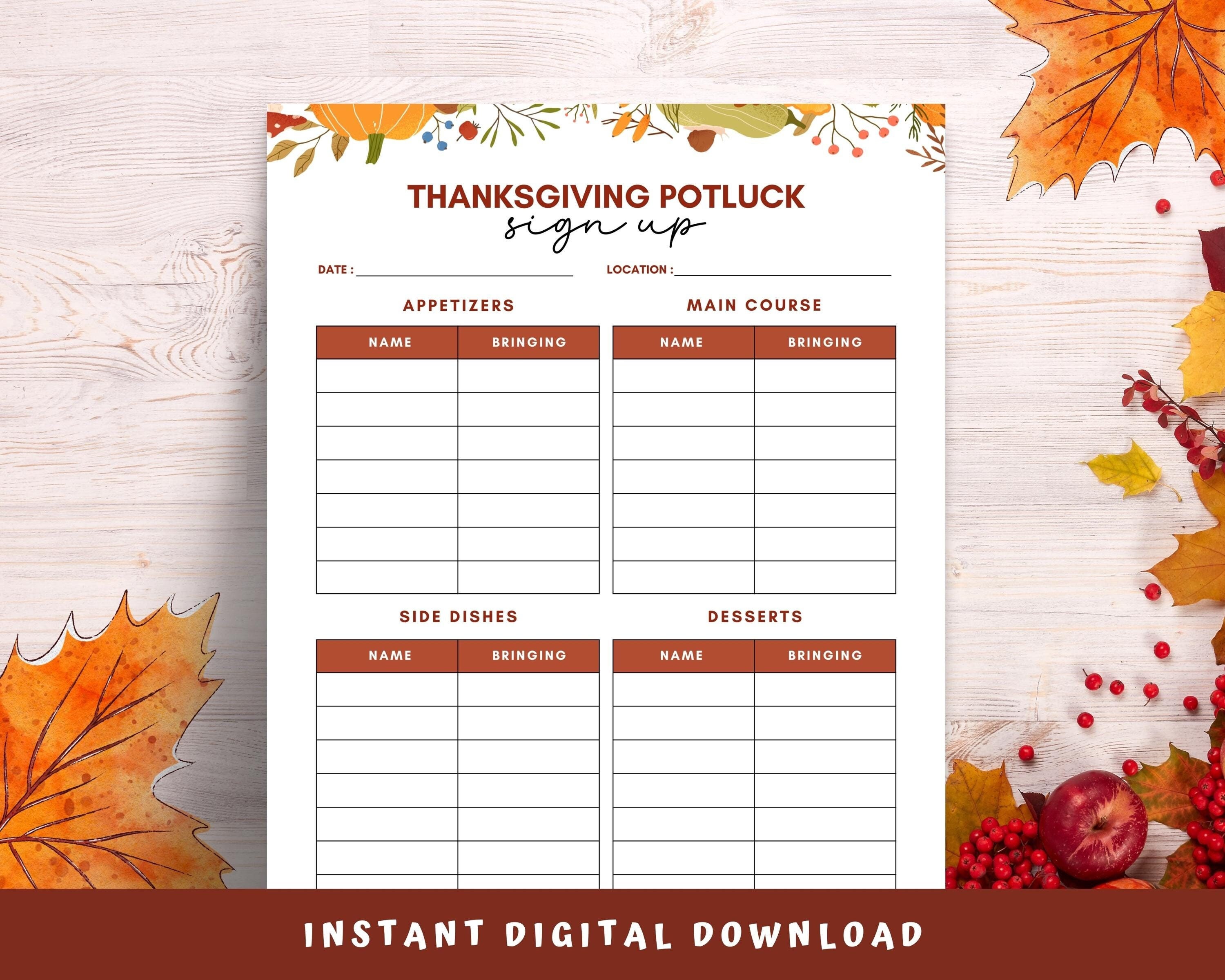 Thanksgiving Potluck Sign up Sheet, Friendsgiving Menu Planner ...
